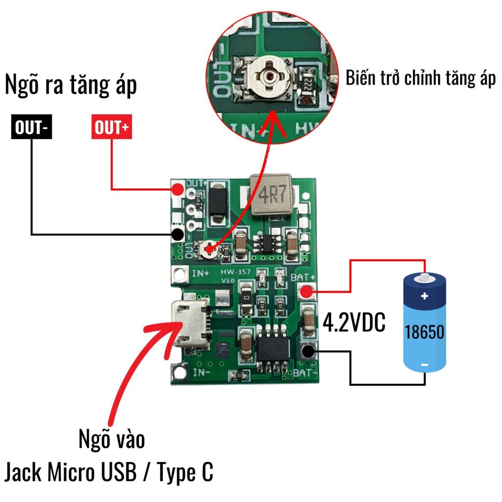 Mạch sạc pin 18650 1s tích hợp tăng áp 27v Micro USB - Nshop