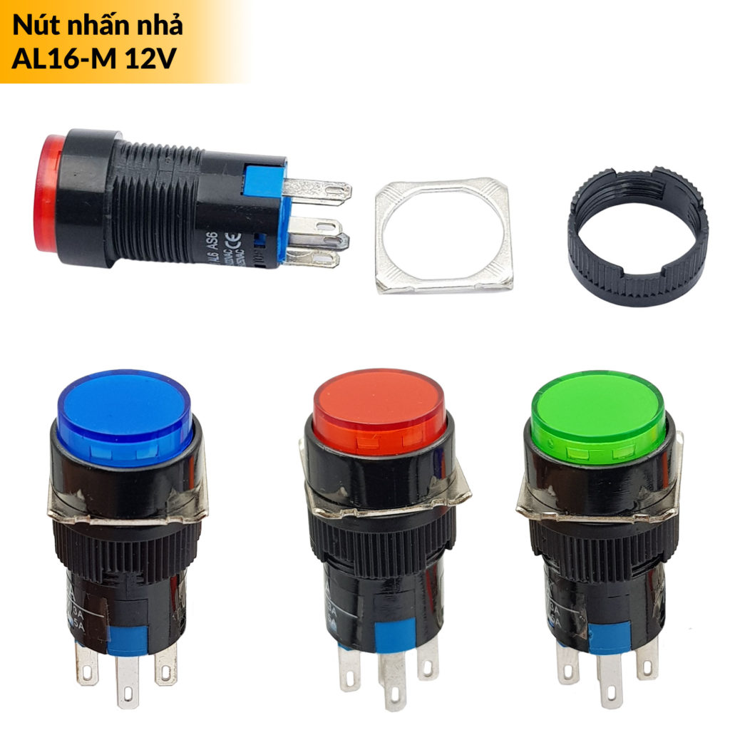 Nút nhấn nhả có đèn AL6-M 12V màu Xanh Lá - Nshop