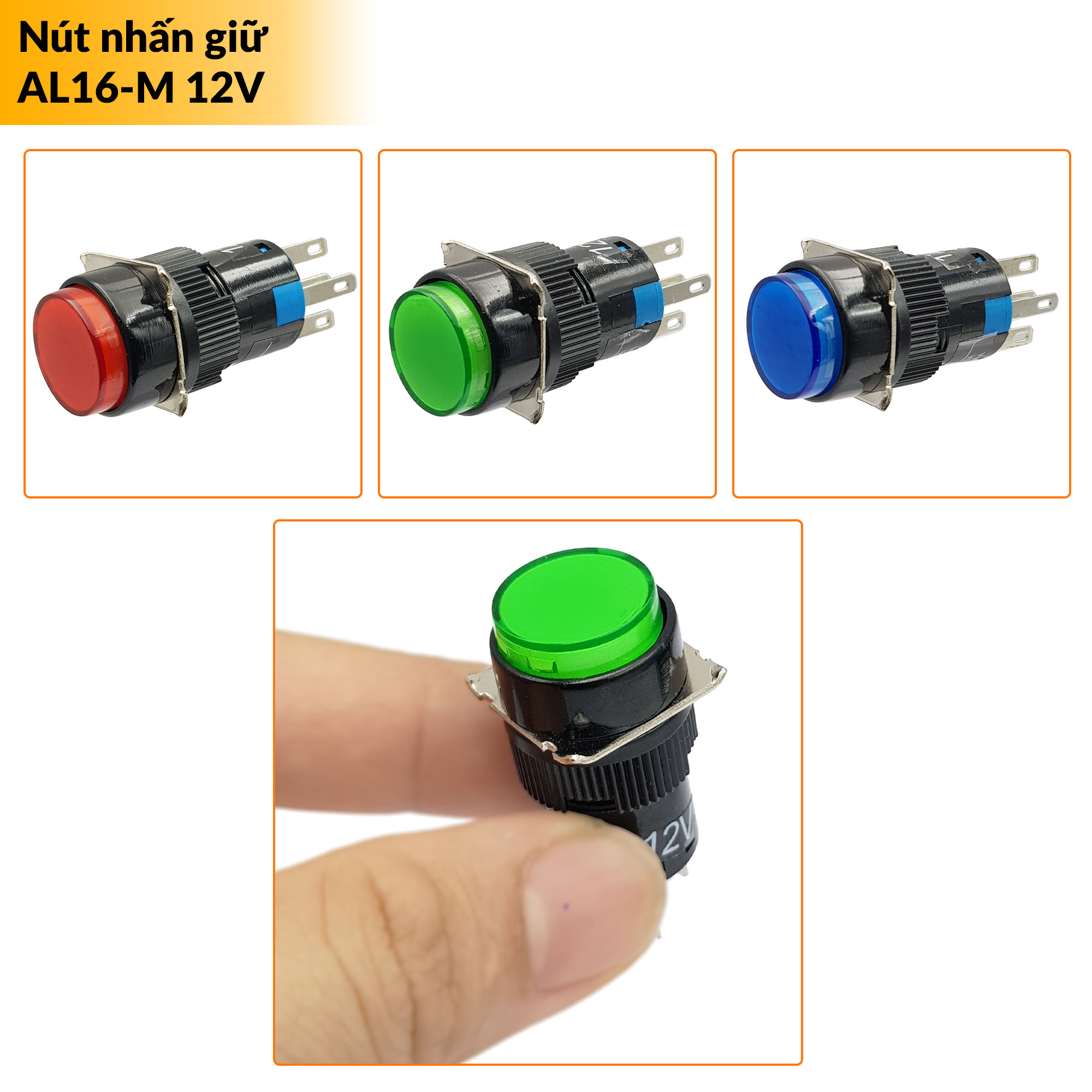 Nút nhấn tự giữ có đèn AL6-A 12V màu Xanh Dương - Nshop