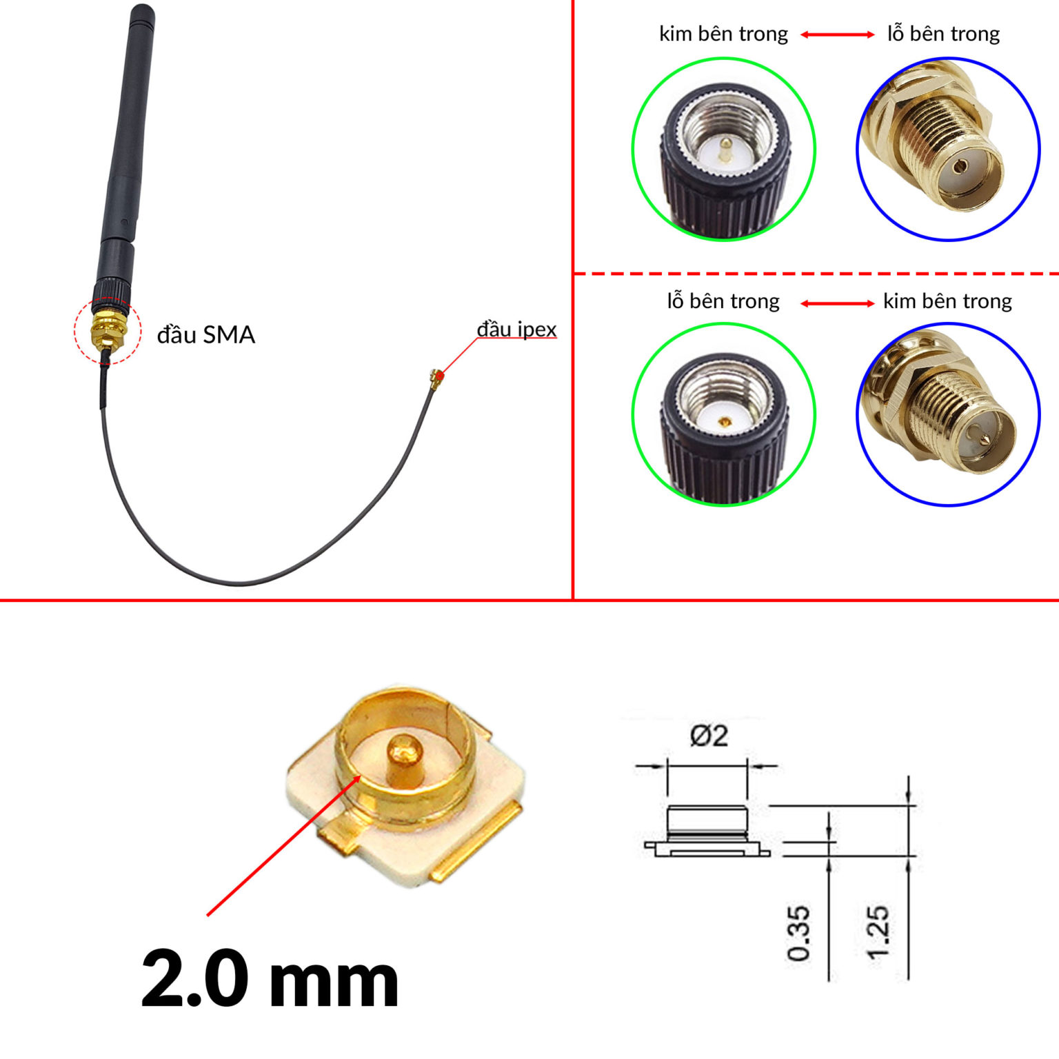 Dây chuyển đổi IPEX U.FL sang SMA 4 chân 10cm, cable anten IPX Bluetooth | WiFi | GSM | 4G | 2 ...