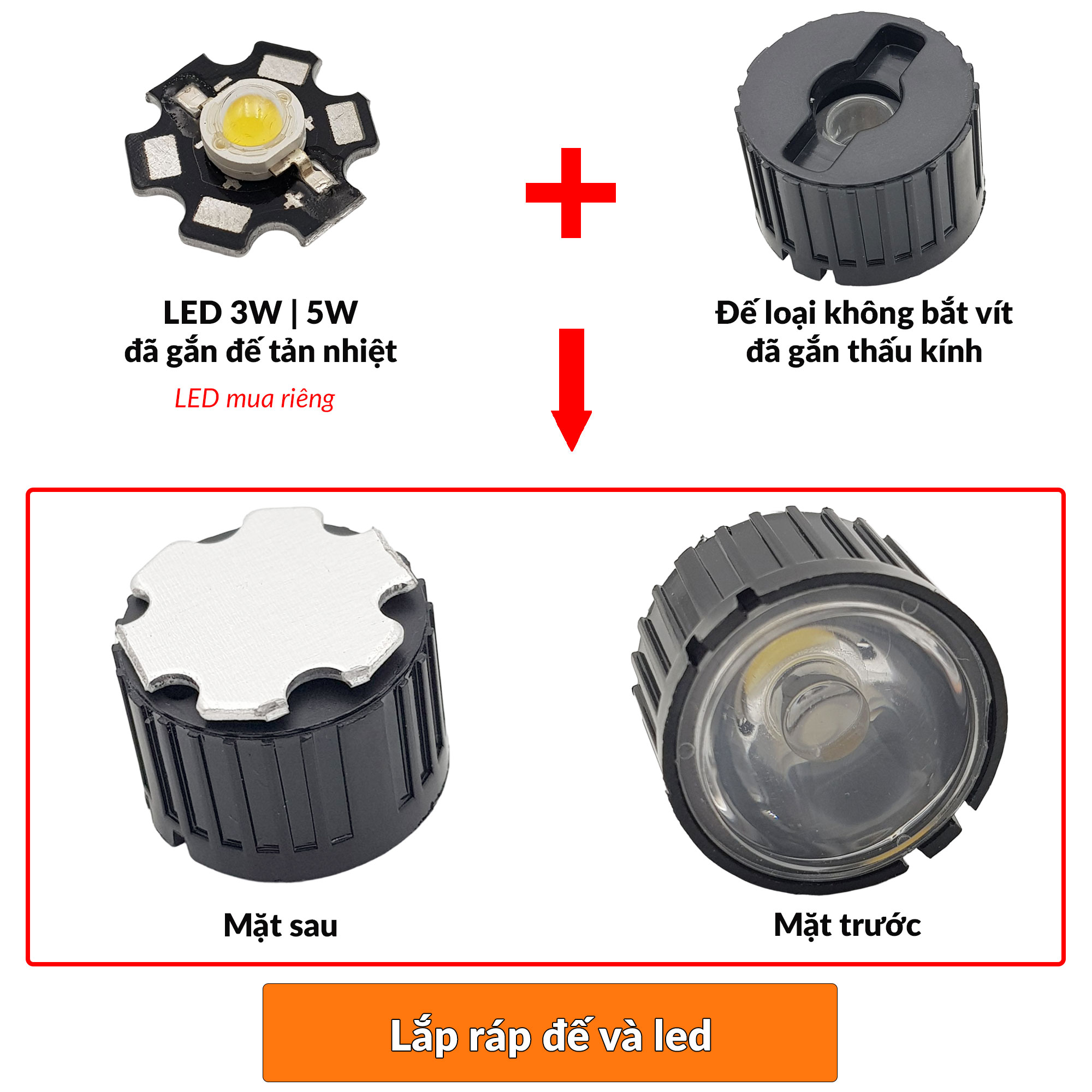 Bộ thấu kính đèn Led 5W 3W 1W, khung đỡ led phẳng kèm thấu kính - Nshop