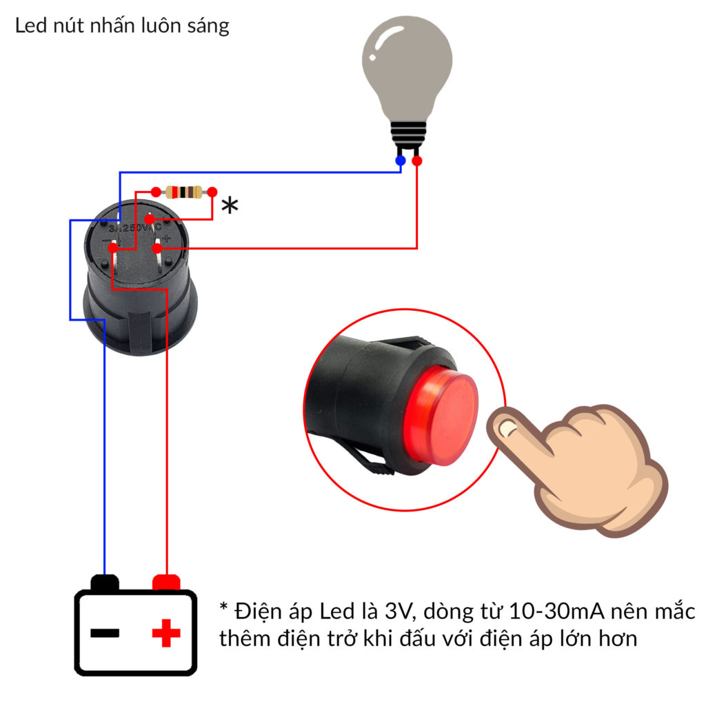 Nút nhấn nhả có đèn kiểu gài 16mm R16-503 màu Đỏ - Nshop