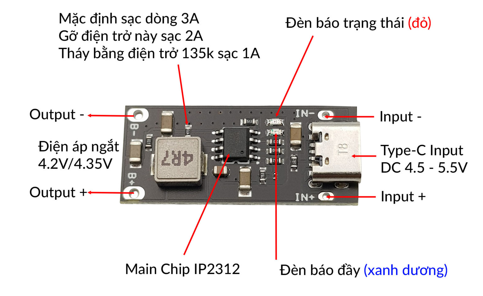 Mạch USB Type-C 3A IP2312 Sạc Nhanh Pin Lithium - Nshop