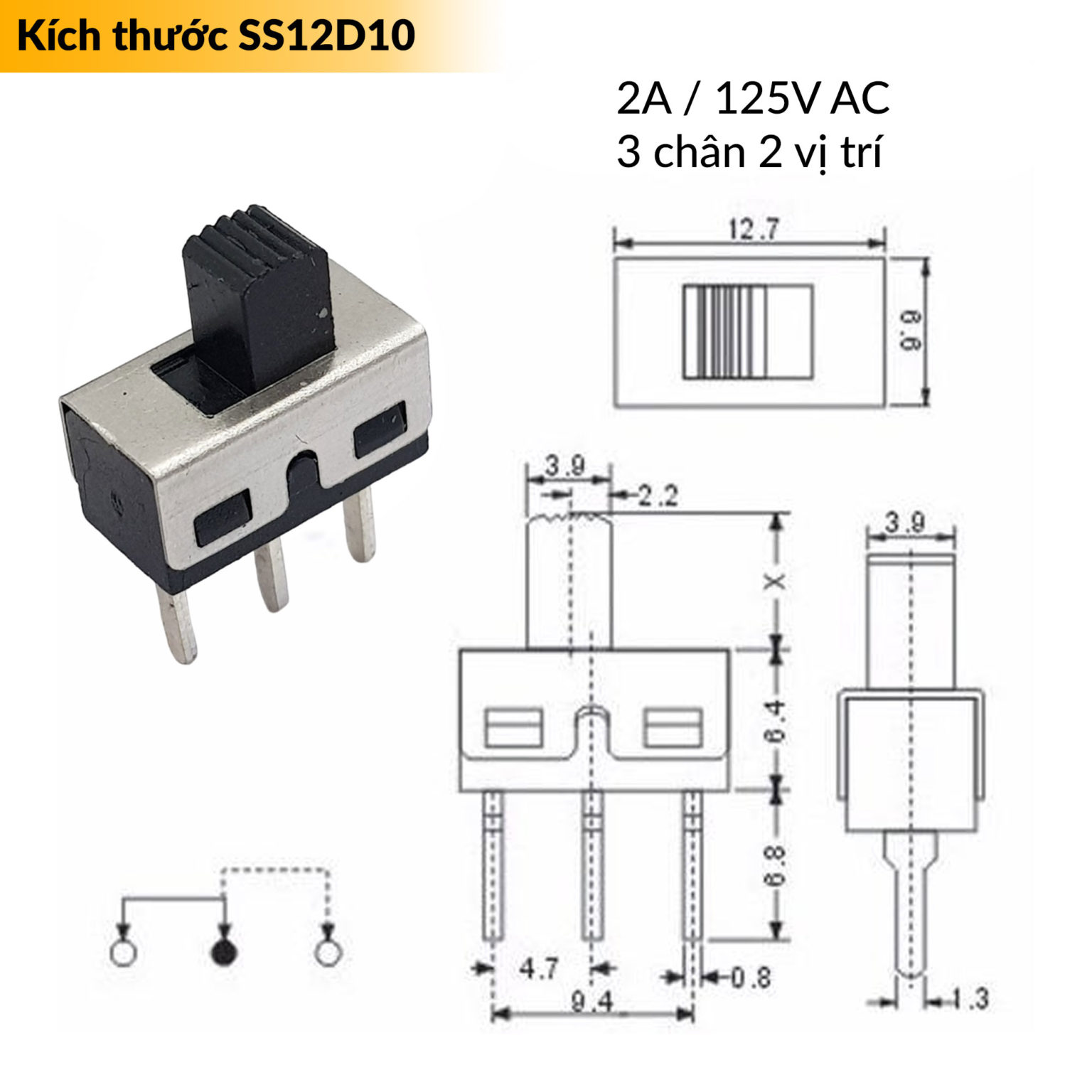 Công tắc gạt 3 chân 2 vị trí SS12D10 chân thẳng - Nshop