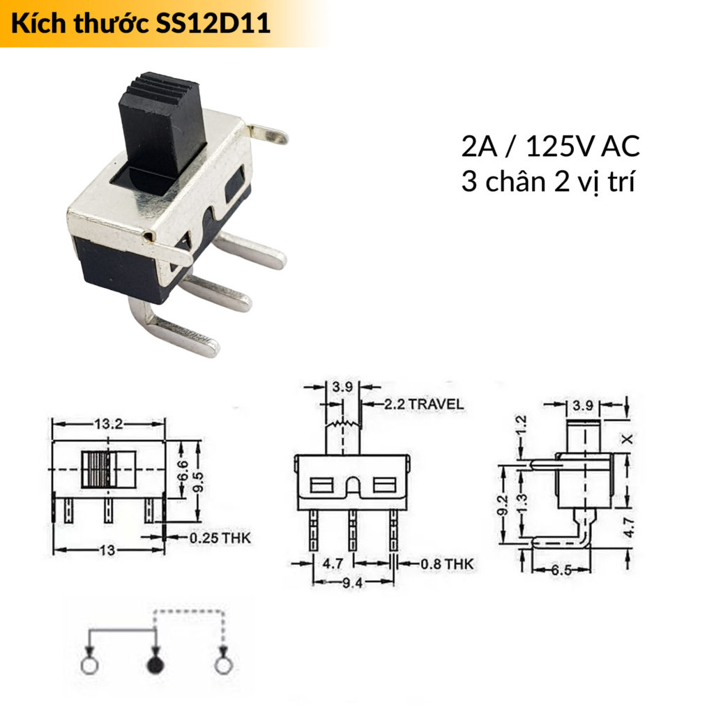Công tắc gạt 3 chân 2 vị trí SS12D10 chân thẳng - Nshop