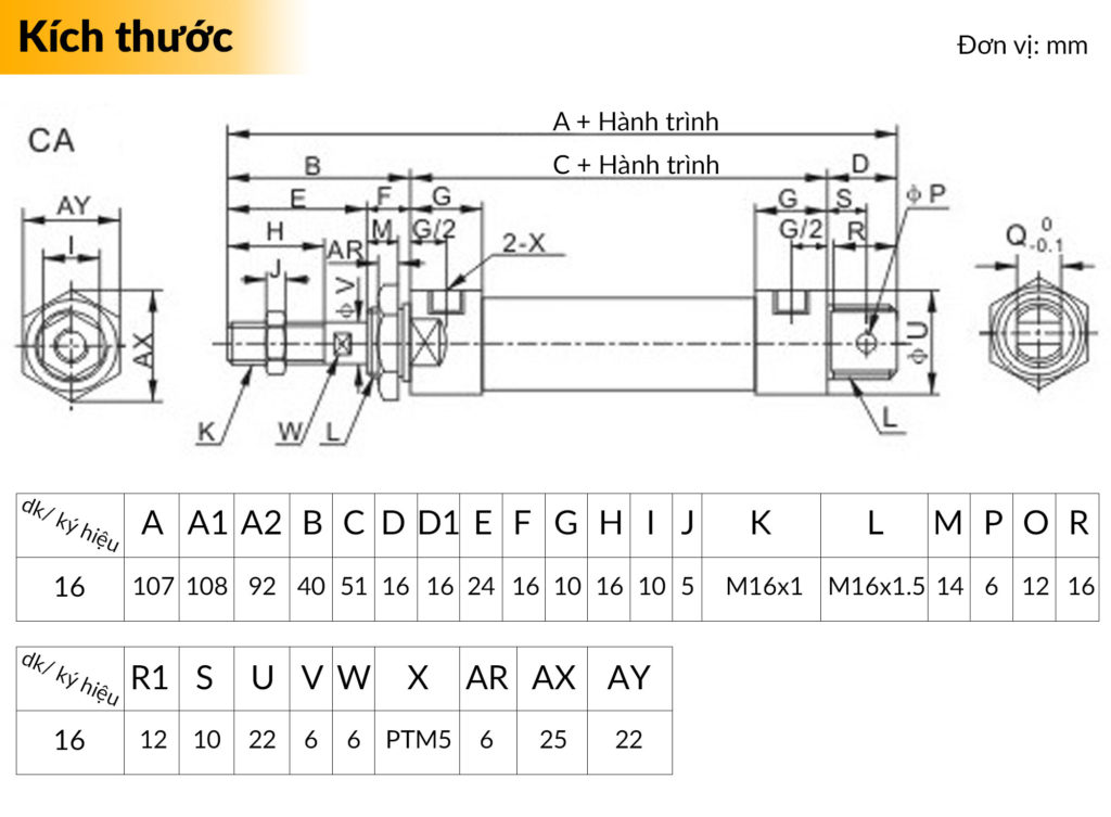 Xi lanh khí nén mini tác động kép MAL16x50 - Nshop