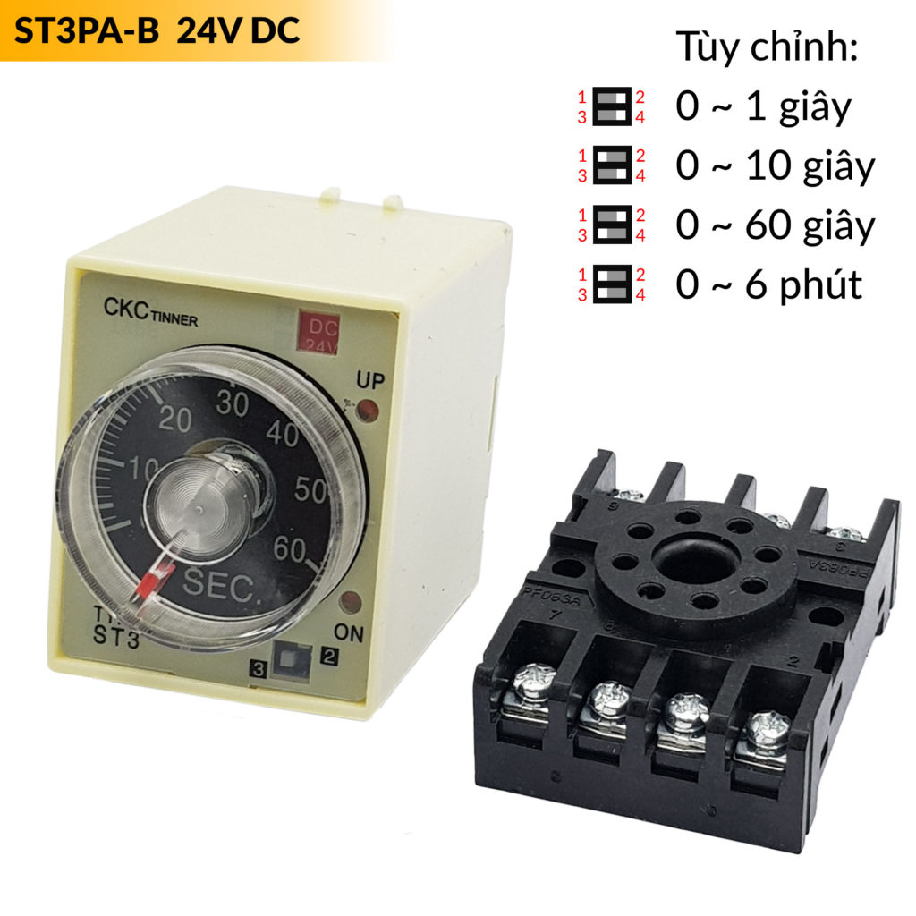 Relay thời gian timer đơn kèm đế ST3PA-A 24VDC - Nshop