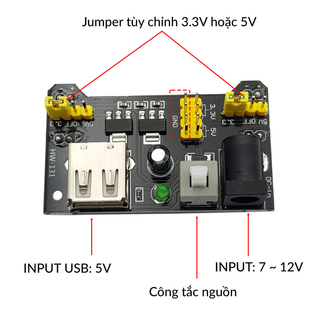 Mạch nguồn cho Testboard Breadboard MB-102 830 ngõ ra 3.3V / 5V - Nshop