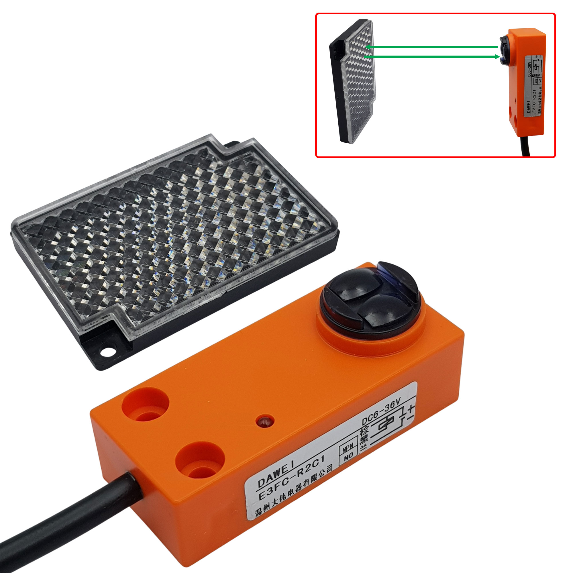 Cảm biến vật cản gương phản xạ hồng ngoại E3FC-R2C1 NPN 6-36V DAWEI - Nshop